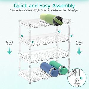 PouHenier.jh 4 Tier Large Water Bottle Rack Organizer for Cabinet, Stackable Tumbler Storage Organization Holder with 2 Hooks for Kitchen Countertop and Refrigerator, Compatible with 40 oz (Hold 16)