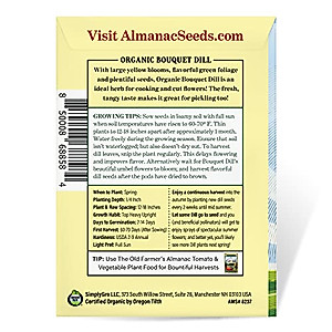 The Old Farmer's Almanac Organic Dill (Bouquet) Seeds - Approx 750 Seeds - Certified Organic, Non-GMO, Open Pollinated, Heirloom, USA Origin