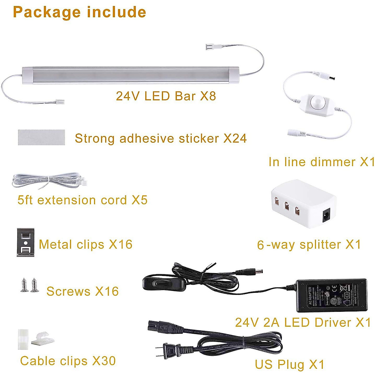 8pcs LED Under Cabinet Lights, Dimmable Kitchen Cabinet Strip Lighting Fixture, Hardwired Under Counter Lighting for Cupboard, Showcase, Shelf, 12in 24V DC(Warm White)