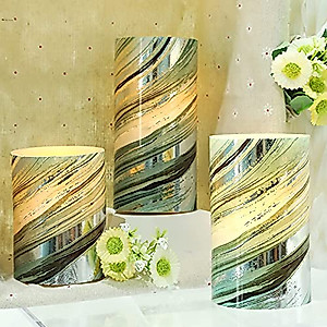 Holitown Set of 3 Marbling Style Flameless Candles Green Flickering Battery Operated Candles Sliver Spiral Desgin LED Candles with Remote Timer Wax Pillar Candles for Home Decor Vintage Decoration