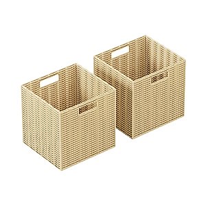 Melovinho Large Wicker Storage Baskets, Set of 2 Hand-Woven Storage Baskets for Shelves with Handles, Foldable Cube Storage Baskets Bins Organizer 9.8 inch Wicker Baskets for Pantry Bedroom Decor