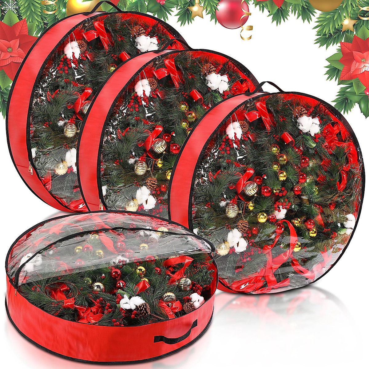 Aliceset 4 Pack Wreath Storage Containers, Christmas Garland Storage Bags with Window and Handles, Durable Christmas Decoration Box Holder for Holiday Xmas(36 x 36 x 7.8 Inch,Red)