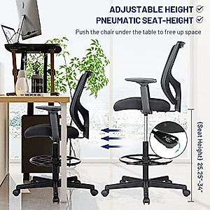 Tall Office Chair, Drafting Chair, High Adjustable Standing Desk Chair, Ergonomic Mesh Computer Task Table Chairs with Adjustable Armrests and Foot-Ring for Standing Desk and Bar Height Desk