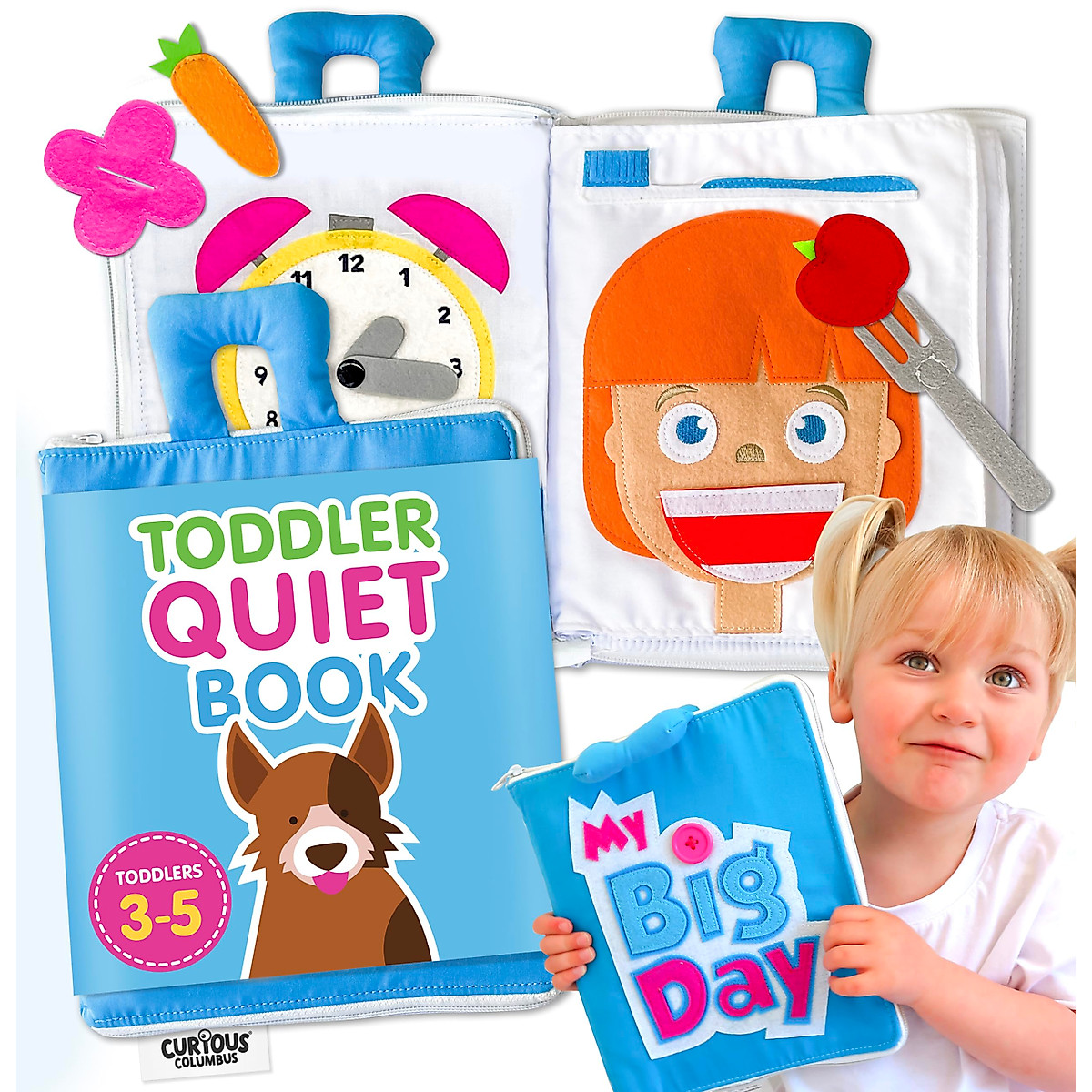 Curious Columbus Quiet Book for Toddlers – Large Fabric Activity Book, Montessori Learning Toy, 10 Engaging Pages for Quiet Play, Perfect for at Home Learning, Airplane Activities and Road Trips