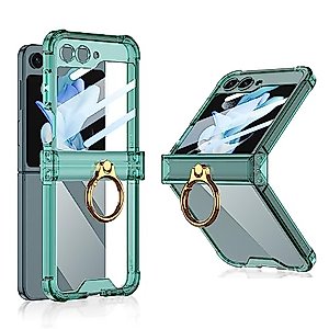 DALUZ Designed for Samsung Galaxy Z Flip 5 Case, Full-Body Bumper Case for Z Flip 5 with Built-in Tempered Glass Back Screen Protector, Slim Clear Galaxy Z Flip 5 Case with Ring Kickstand