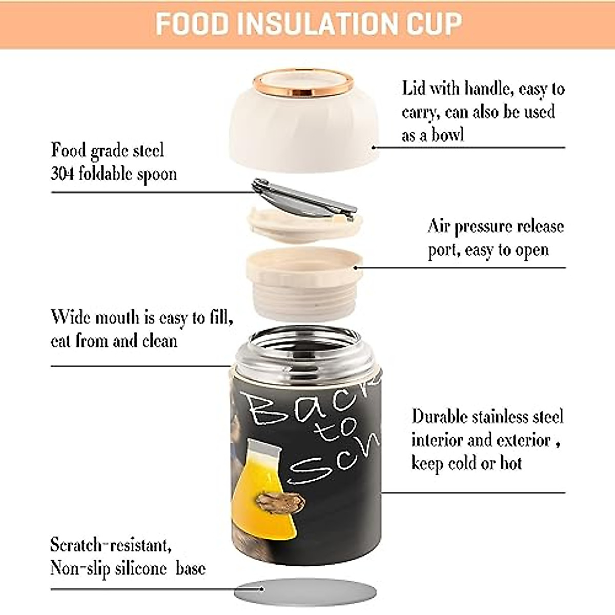 CUPADA Funny Cat Teacher Food Jar, Back To Insulated Hot Food Jars Vacuum 17OZ with Folding Spoon for Work Trip Picnic Camping