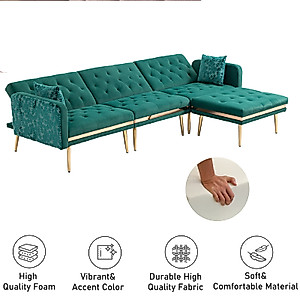 Pvillez Sectional Sofa Futon Sofa Bed Convertible Sleeper Sofa Couch w/Chaise Lounge,Ottoman L-Shape Convertible Couches for Living Room Button Tufted Back Velvet Couch w/Golden Legs