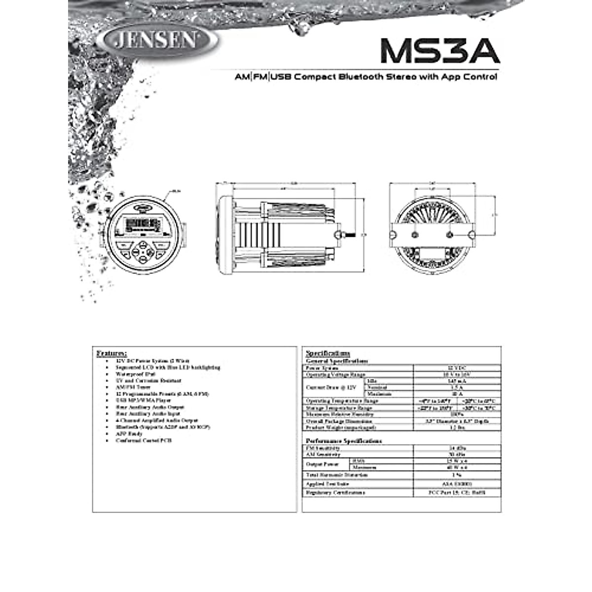 Jensen MS3A AM|FM|USB Waterproof Compact Bluetooth Stereo with App Control, 160 watts (40W x 4), Bluetooth Streaming Audio (A2DP/AVRCP), Rear USB for MP3, Rear AUX in (RCA), Line-Out (RCA) (Renewed)