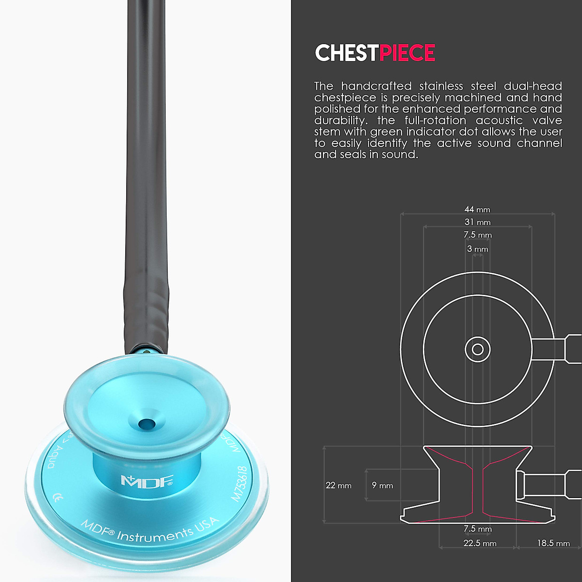 MDF Instruments, Acoustica Lightweight Stethoscope for Doctors, Nurses, Students, Home Health Use, Adult, Dual Head, Black Tube, Aqua Chestpiece-Headset, MDF747XPAQ11