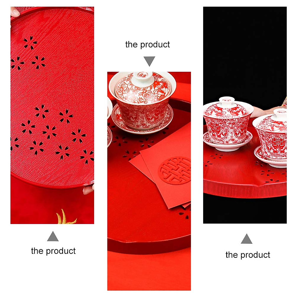 Amosfun Wedding Tray Red Tea Tray Wooden Tea Set Tray Chinese Wedding Tray Wedding Accessory Traditional Wooden Coffee Table Tray for Home Decoration Wedding Centrepieces (Red)
