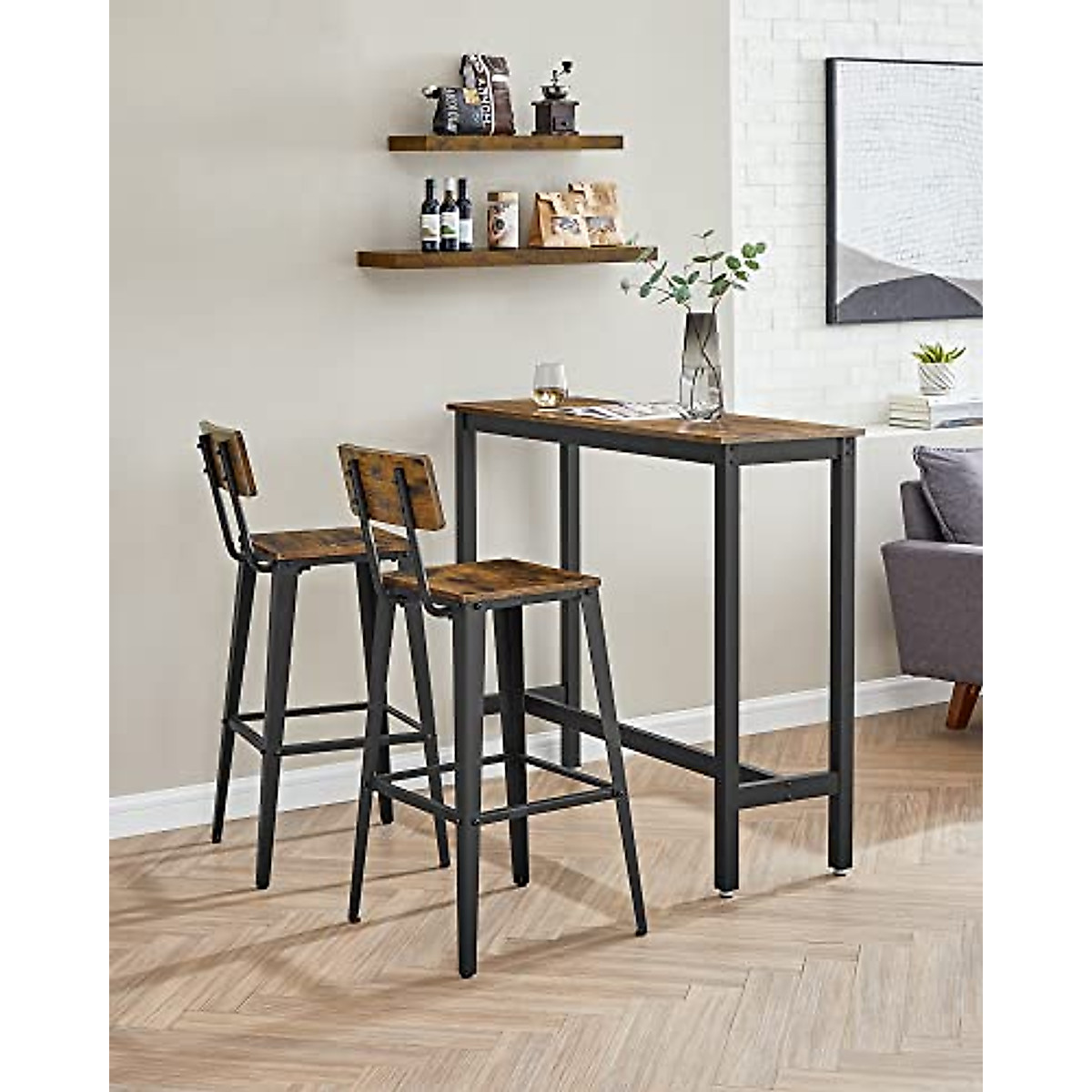VASAGLE Set of 2 Bar Stools, Bar Height Stools, Tall Bar Stools with Back, Bar Chairs, Steel Frame, Industrial Style, Easy Assembly, Rustic Brown and Black ULBC078B01
