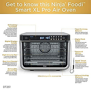 Ninja DT251 Foodi 10-in-1 Smart XL Air Fry Oven, Bake, Broil, Toast, Air Fry, Roast, Digital Toaster, Smart Thermometer, True Surround Convection up to 450°F, includes 6 trays & Recipe Guide, Silver