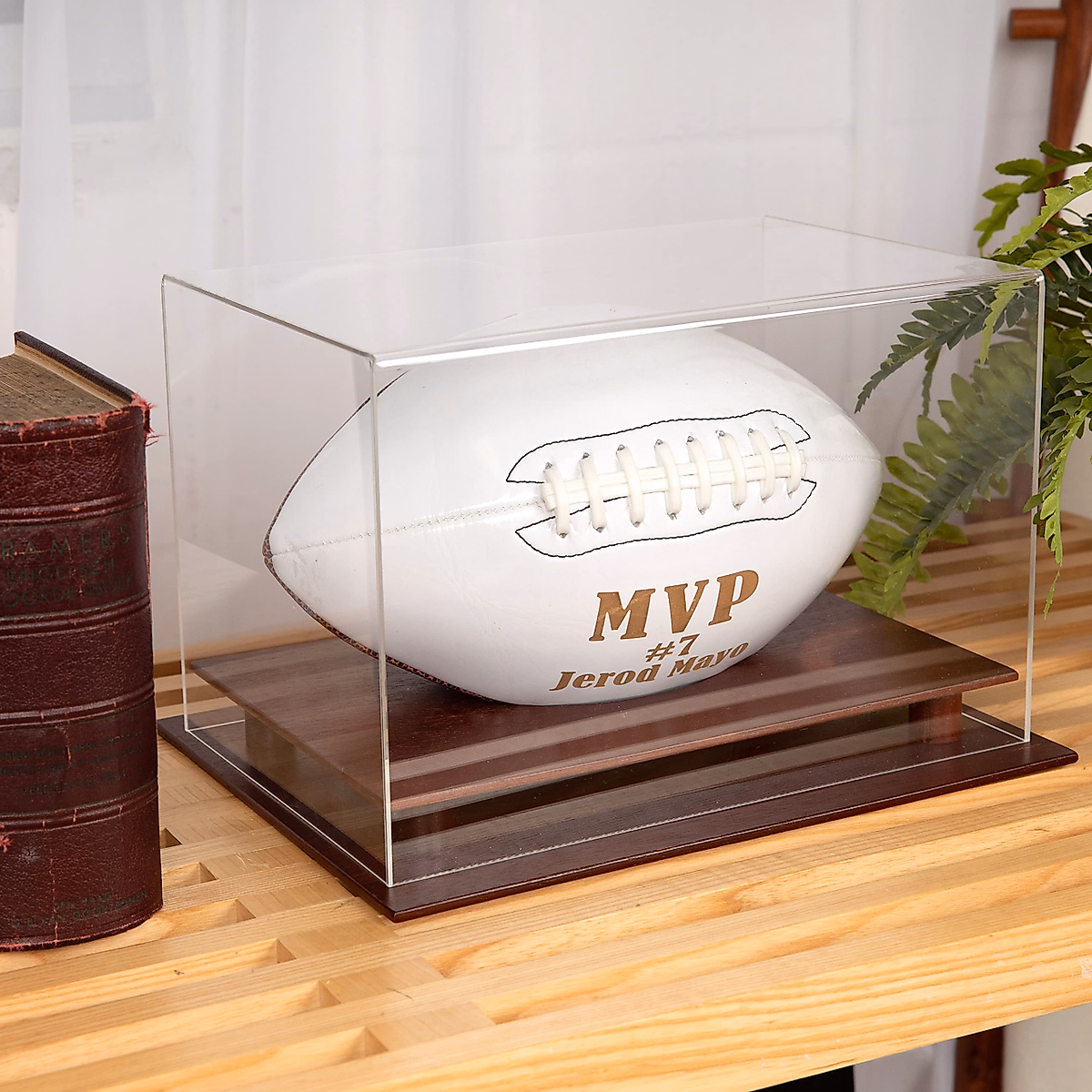 DECOMIL - Football Display Case Holder, Football Case, UV Protection No Assembly Panels, All 4 Sides Visible, Solid Wood Base - Cherry Finish