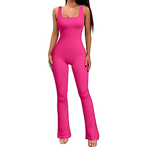 OQQ Women‘s Yoga Jumpsuits Ribbed Workout Sleeveless Tank Tops Bell Bottoms Flare Jumpsuits Rose3