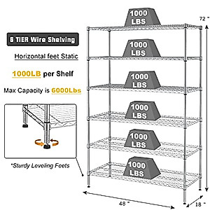 Storage Rack with Wheels, NSF Certification Shelving Unit Heavy Duty 6000 Lb Capacity 6 Tier Metal Shelf on Casters 48" L×18" W×78" H for Restaurant Garage Pantry Kitchen Movable Wire Rack, Chrome