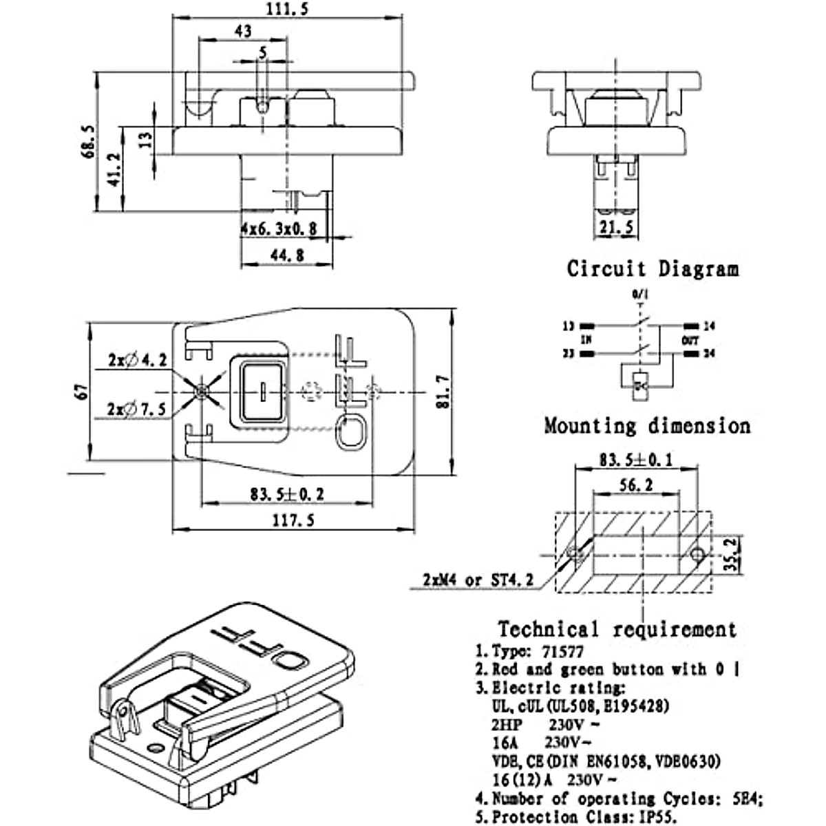 POWERTEC 71577 230V Magnetic Paddle Switch, 1-1/2 HP, fits Table Saw, Router Table, Drill Press, Bench Saw, Band Saw