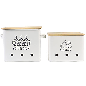 Gdfjiy Onion Garlic Storage Bin, Kitchen Vegetable Storage Tin, Set of 2 for Onion & Garlic with Wooden Lid and Aerating Holes, Kitchen Storage Canisters Set, Long Shelf Life - White