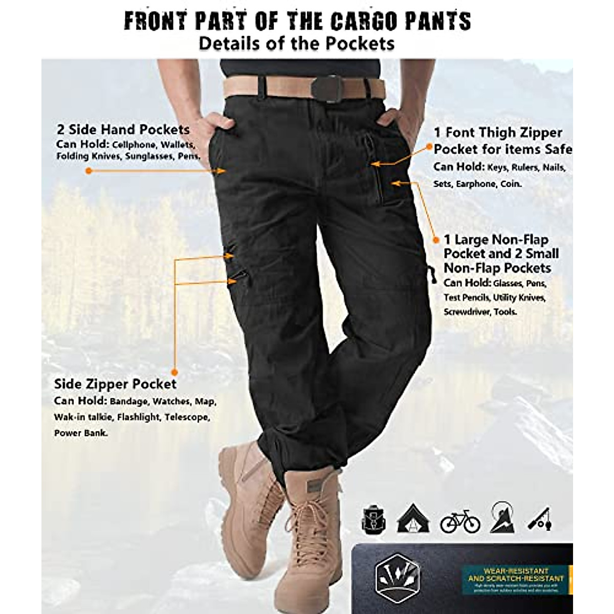 AKARMY Men's Work Pants, Cargo Pants for Men, Straight Tactical Pants, Work Travel Casual Pant with Multi Zipper Pockets 9920 Black 38