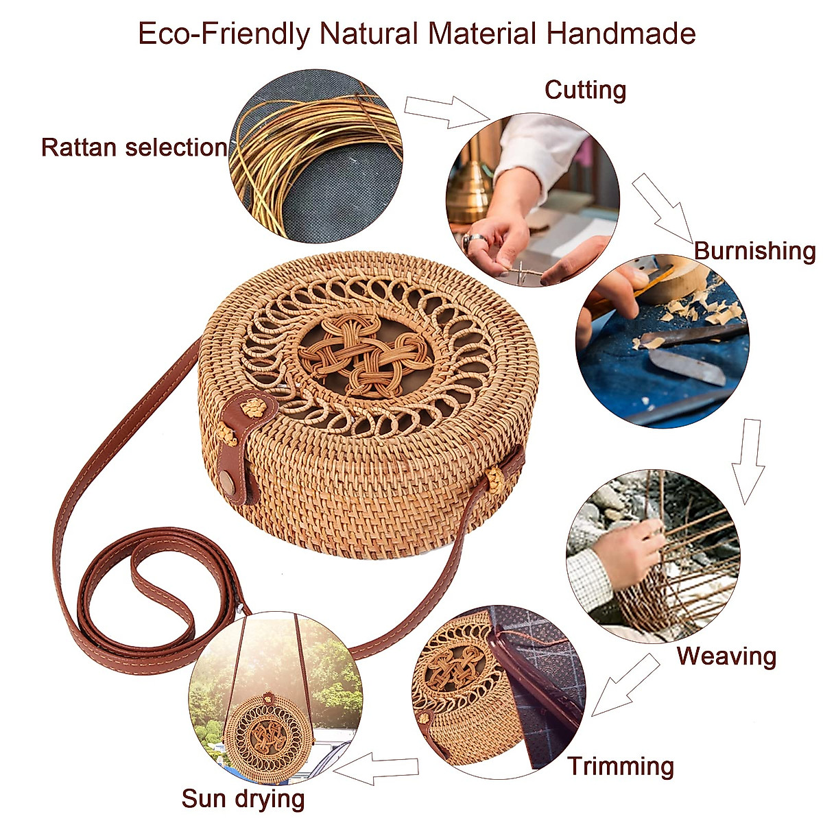 RIANGIE Beach Bag for Women Boho Bag Crossbody Purse Rattan Handwoven Round with Leather Strap