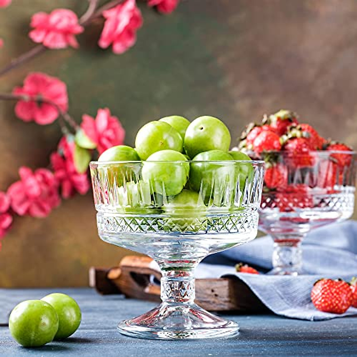 Crystalia Glass Ice Cream Bowls, Crystal Dessert Cups Set of 2, Clear Pedestal Bowls, Small Glass Bowls for Parfait, Trifle, Sundae and Cereal, Footed Desert Cups, Lead-Free Custard Cups