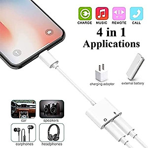 Apple MFi Certified 2 Pack Headphones Adapter & Splitter for iPhone, 2 in 1 Headphone Dual Lightning Adapter and Aux Audio Adapter + Charger Cable Splitter Compatible with iPhone 12 11 XS XR X 8 7
