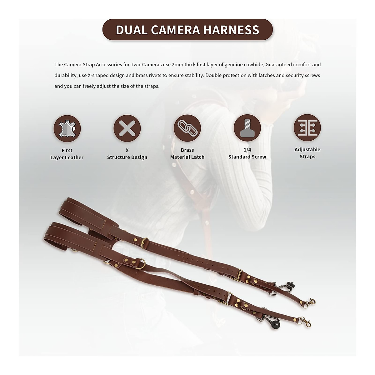 Double Camera Strap,Camera Shoulder Strap for Two Cameras,Adjustable Leather Double Camera Harness Brown