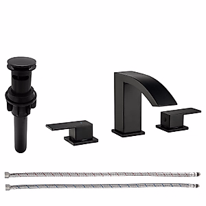 Matte Black Bathroom Faucets for Sink 3 Hole Widespread Waterfall Vanity Faucets Basin Faucet with Pop-Up Drain 8 inch Bathroom Lavatory Faucet