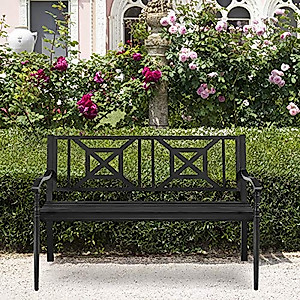 Giantex Patio Garden Bench, Heavy-Duty Park Bench w/Powder Coated Steel Frame, Elegant Loveseat w/Decorative Backrest & Ergonomic Armrest for Outdoor Garden, Backyard, Lawn, Porch, Path (Black)