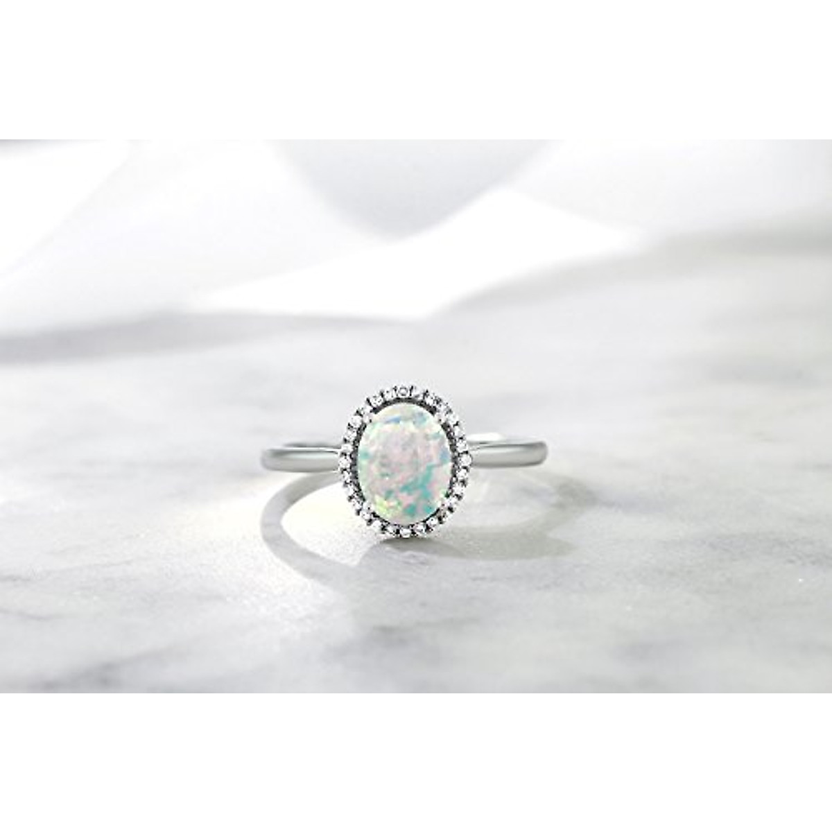 Gem Stone King 10K White Gold 8X6MM Oval Gemstone Birthstone & White Diamond Halo Engagement Ring | Wedding Anniversary Promise White Gold Ring For Women | Size 5,6,7,8,9