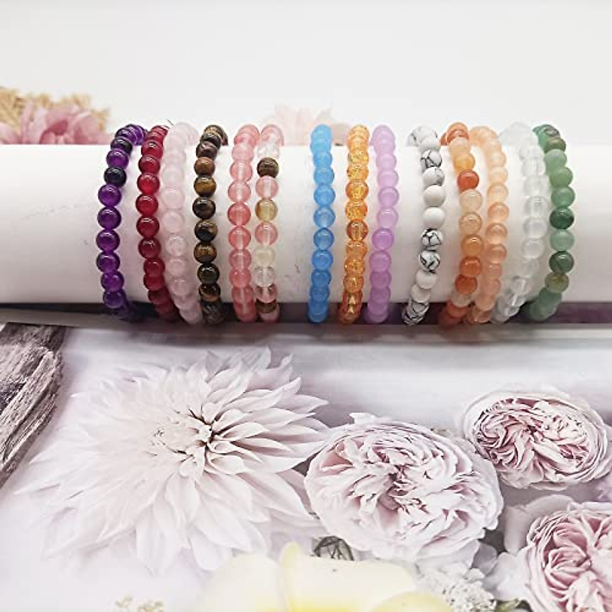 SONNYX 14Pcs 6mm Semi Precious Gemstone Beaded Bracelets for Women Men Tiny Crushed Stone Crystal Bracelet Stretch Bead Bracelet Unisex Jewelry