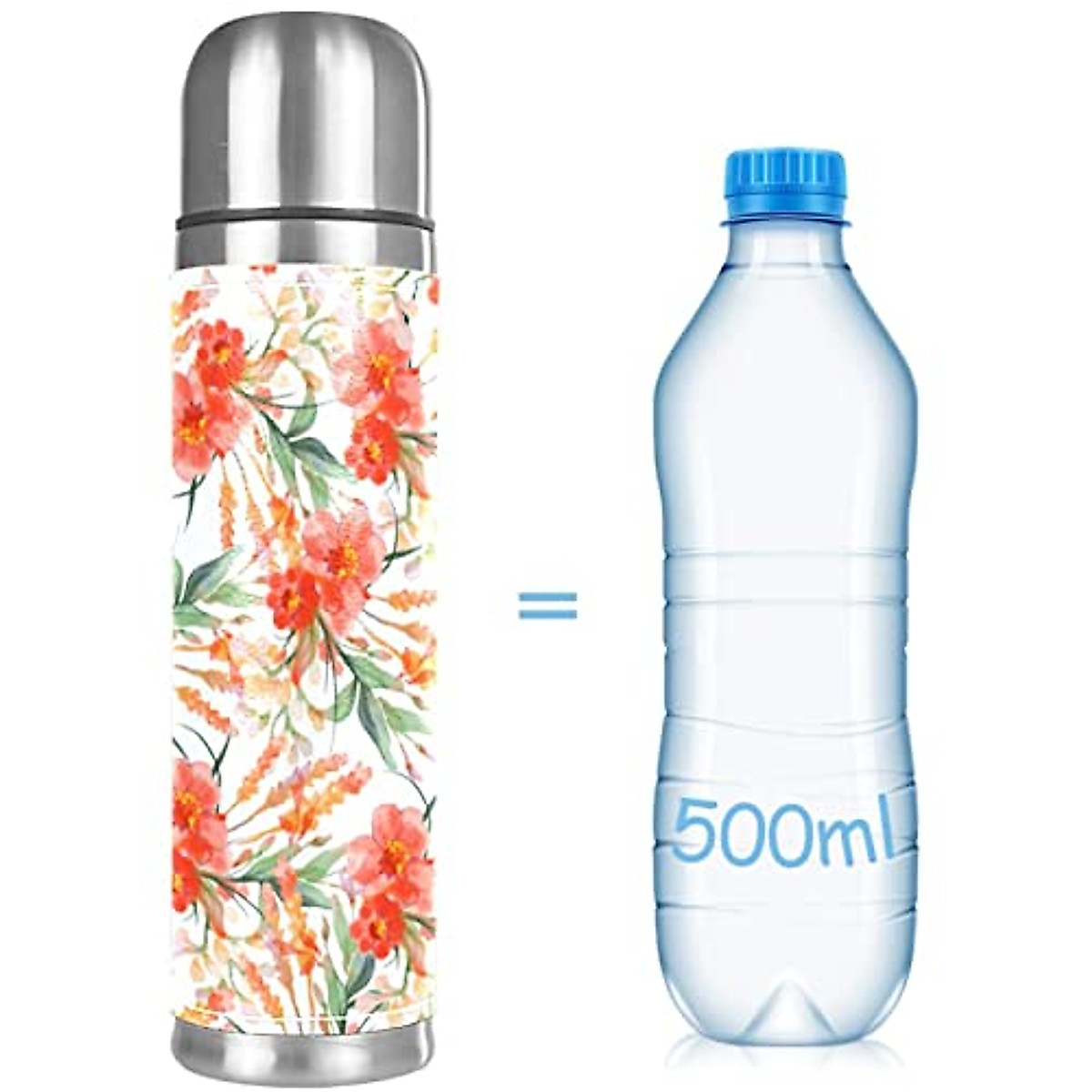 Stainless Steel Leather Vacuum Insulated Mug Flowers Thermos Water Bottle for Hot and Cold Drinks Kids Adults 16 Oz