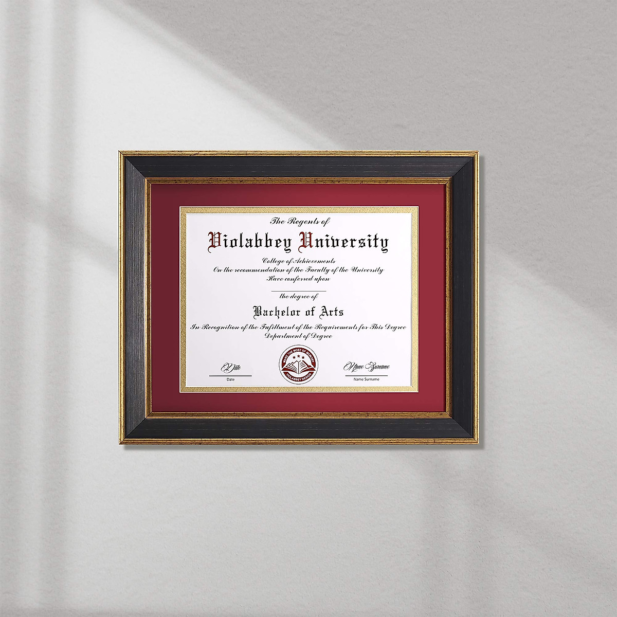 VIOLABBEY 8.5x11 Diploma Frame Black, 8.5 x 11 Certificate Frame with Mat or 11x14 College Degree Frames without Mat, Wall or Tabletop Display, Tempered glass (Red Gold Double Mat)