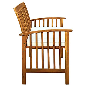 loibinfen Patio Wood Bench with Ergonomic Backrest & Armrest, Outdoor Bench with White Cushion,All-Weather Acacia Wood Frame, All-Weather Acacia Wood Frame,57.9"x25.2"x35.4", -609 -AA