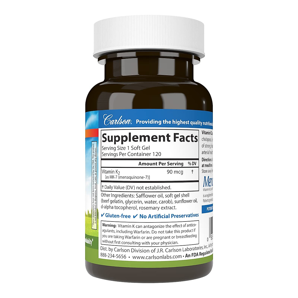 Carlson - Vitamin K2 MK-7 (Menaquinone), 90 mcg, Bone Support, Calcium Bioavailability, K2 Vitamin, Vitamin K-2, 120 Softgels