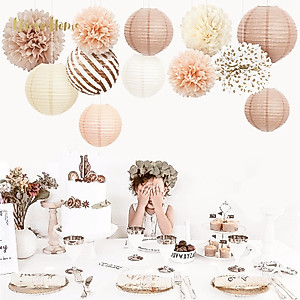 NICROHOME Wedding Decorations, 12 PCS Champagne Tissue Paper Pom Poms and Lanterns Set, Creamy White Paper Flowers for Engagement Receptions, Boho Bridal Showers Party Supplies