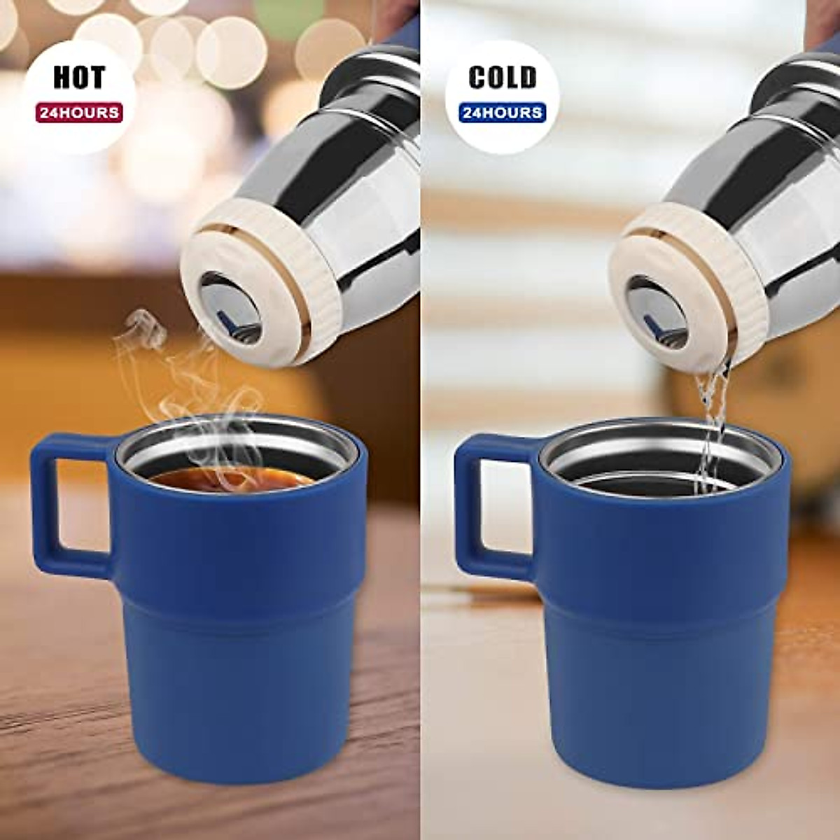 Insulated Water Bottle with Cup, 21 OZ Stainless Steel Water Bottle, Coffee Insulated Bottle with Handle, Double-Walled Thermal Water Bottle for Hot Drinks & Cold Drinks, Blue