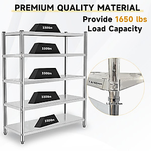 SGOLAN Stainless Steel Shelves 48x18x70 Inch Storage Rack 5 Tier Shelving Units and Storage Adjustable Stainless Steel Rack Shelving, Storage Shelves for Kitchen Commercial Office
