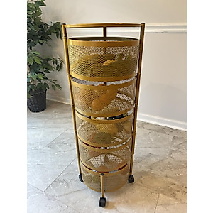 H&H Supply 5 Tier Rotating Storage Kitchen Cart Organizer Metal Vegetable Fruit Basket Rotating Shelves for Kitchen Dorm Office Bathroom Matte Yellow Gold Lightweight