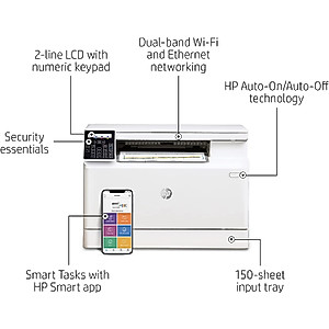 HP Color Laserjet Pro MFP M182nw All-in-One Wireless Laser Printer - Print Scan Copy - 17 ppm, 600 x 600 dpi, 256MB Memory, Photo Printing, 8.5 x 14, 2-Line LCD, Ethernet, White, Cbmou Printer Cable