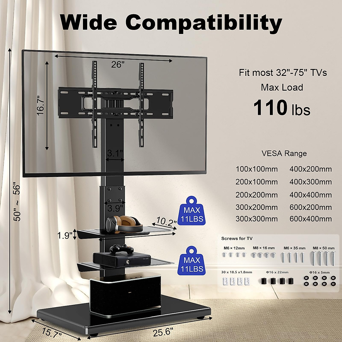 YOMT Floor TV Stand with Sturdy Wood Base, Tall Universal TV Stand with Mount for Most 32-75 inch TVs up to 110 lbs, Height Adjustable TV Stand with Swivel, TV Mount Stand with Media Shelves, Black