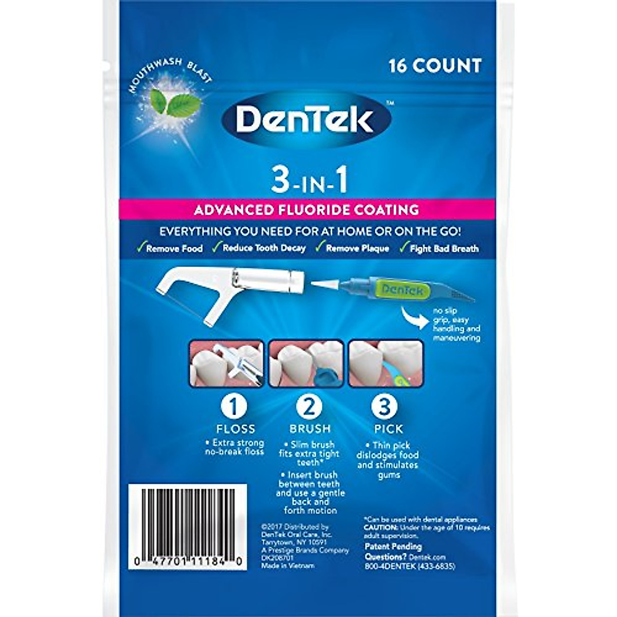 DenTek 3-In-1 Interdental Cleaners | Floss, Brush, Pick, Travel Pouch | 16 Count
