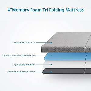 wOod-it Folding Mattress, 4 inch Memory Foam Tri Fold Mattress Topper with Washable Cover, Play Mat, Foldable Bed, Guest beds, Camp Portable Bed, Queen Size, 80" x 60" x 4"