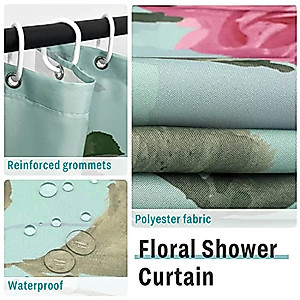 BROSHAN Green Floral Shower Curtain Set, Flower Bathroom Set with Shower Curtain and Non-Slip Rugs,Toilet Lid Cover and Bath Mat, Floral Fabric Bathroom Decor and Accessories Set with Hooks