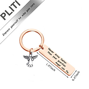 PLITI Never Drive Faster Than Your Guardian Angel Can Fly Keychain Guardian Angel New Driver Driving License Key Chain Father’s Day Gift (ECI Never drive RG)