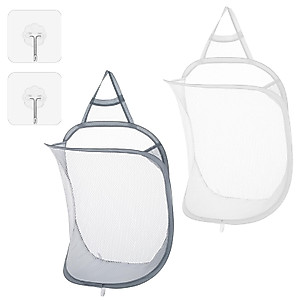 Molain Mesh Collapsible Small Wall Laundry Baskets, Hanging Laundry Hamper Hanging Clothes Hamper Baskets for Home Hotel Travel Camping University Dormitory(White+Grey)