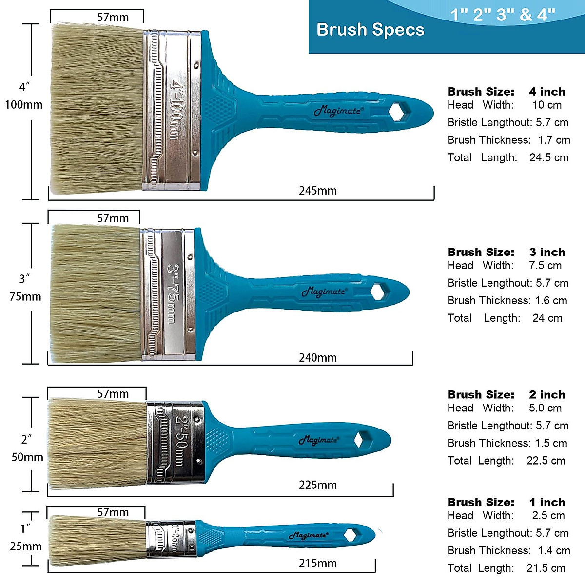 Magimate Stain Brush Set 1-inch 2-inch 3-inch and 4-inch Assortment, Bristle Paint Brush, Natural Bristle Blended with Synthetic, Chip Paint Brush Variety Staining Brushes Pack of Four