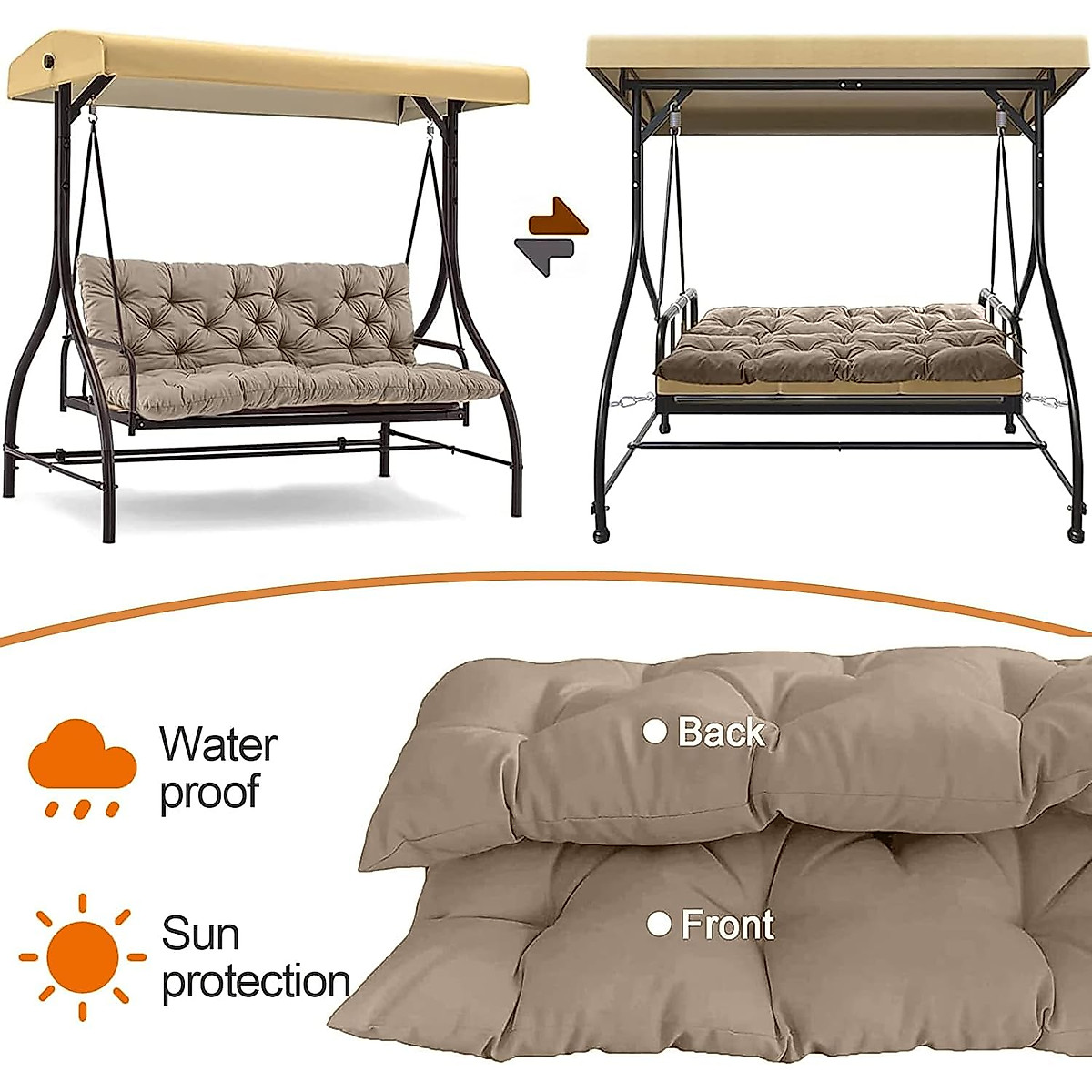 Outdoor Swing Cushions with Back, 47 x 40 inch 2-3 Seater Front Porch Swing Cushion Replacement, Swing Pad for Patio Wooden & Metal Porch Swing, Khaki