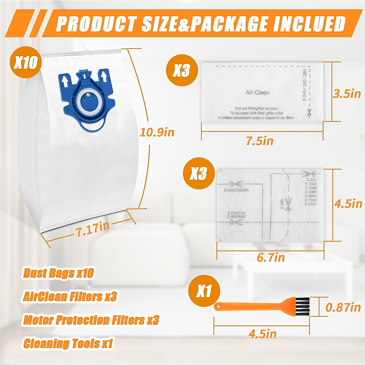 10 Pack Vacuum Cleaner Bags For Miele Gn Vacuum Cleaner With 3 Pcs Motor Protection Filters and 3 Pcs Air Clean Filters，Compatible with Miele GN Classic C1 Complete C1 Complete C2 Complete C3 S2 S5 S8