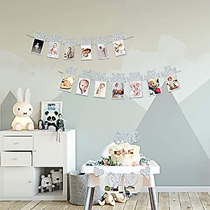 Silver 1st Birthday Baby Photo Banner for Newborn to 12 Months And Alphabet ONE Bunting, Alphabet ONE Cake Topper for Baby Show First Birthday Party Decoration
