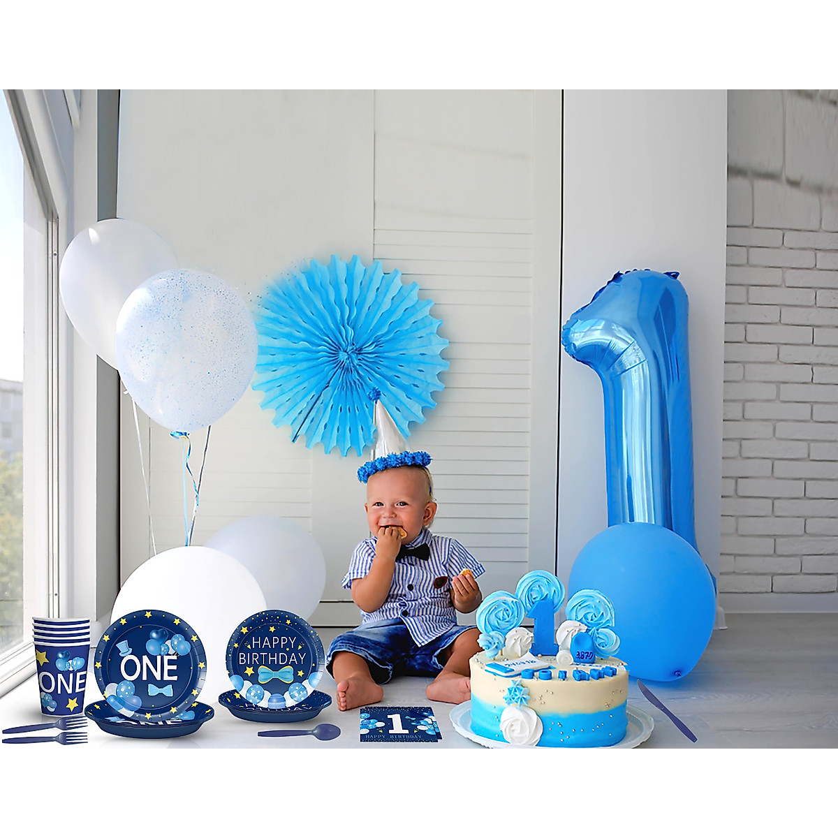 168 PCS Baby Boy 1st Birthday Baby Shower Favors Tableware Set, ONE Blue Set Serves 24 Guests Complete Set Plates & Silverware | Eco-Friendly Disposable Premium Thick Paper for Baby Shower Decorations